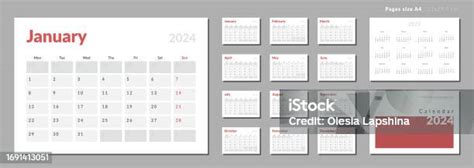 월간 페이지 캘린더 플래너 템플릿 세트 20242025 벽이나 책상에 대한 메모와 표지가 있는 장소 사진 회색 및 빨간색 로고