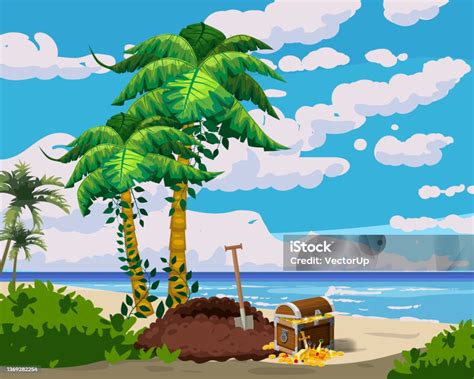 보물해변 열대 섬 마약 보물 구덩이 고대 해적 보물 상자 스컬 이국적인 식물 손바닥 바다 구름에 파고 바다 풍경 해안 해변 모래 모험 게임 우림에 대한 스톡 벡터 아트 및