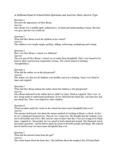 A Different Kind Of School Extra Questions And Answers Short Answer Type Pdf