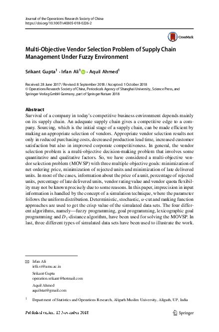 Pdf Fuzzy Multi Objective Vendor Selection In Scm
