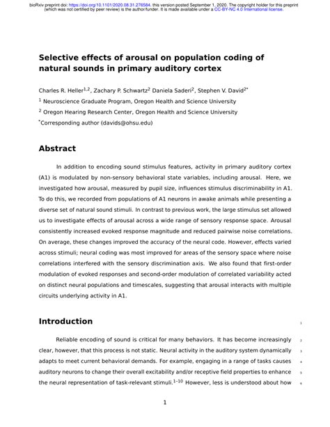 Pdf Selective Effects Of Arousal On Population Coding Of Natural Sounds In Primary Auditory Cortex