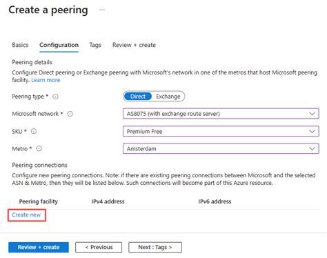 Créer ou modifier un Peering Exchange avec Serveur de routes Portail Azure Internet Peering
