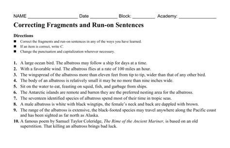 Correcting Fragments And Run On Sentences Worksheet