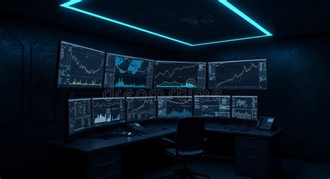 Analyzing Stock Market Data On Multiple Computer Screens In Dark Room Stock Illustration