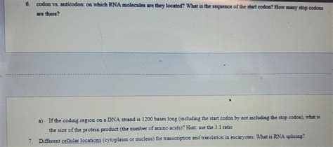Solved 6 Codon Vs Anticodon On Which Rna Molecules Are