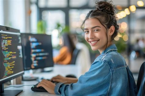 Smiling Young Woman Programmer Coding Computer Modern Tech Startup