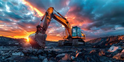 Excavator In Open Pit Mine At Sunset With Earthmoving Equipment Concept Excavator Open Pit