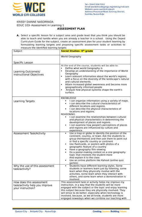 Assessment Purposes Learning Targets And Appropriate Methods Krissy