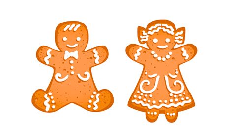 진저 브레드 남자와 여자는 흰색 배경에 고립 전통적인 크리스마스 수제 쿠키의 아이콘입니다 겨울 휴가 가족 또는 이야기 개념 벡터 Eps 10 그림 가족에 대한 스톡 벡터