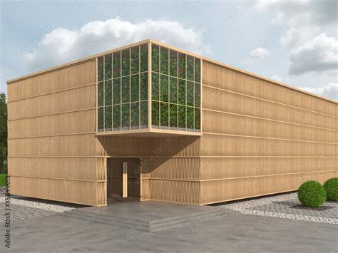 Modern Building Of A Rectangular Shape With Flat Roof Facade With A Glass Entrance Doors And