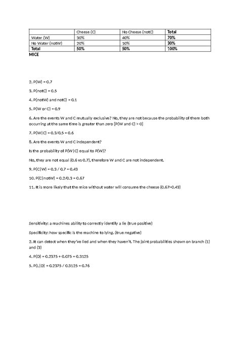 Stat1070 Week 3 Answers Cheese C No Cheese Notc Total Water W