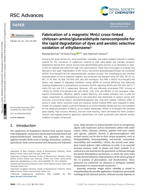 Pdf Fabrication Of A Magnetic Mn Ii Cross Linked Chitosan Amine