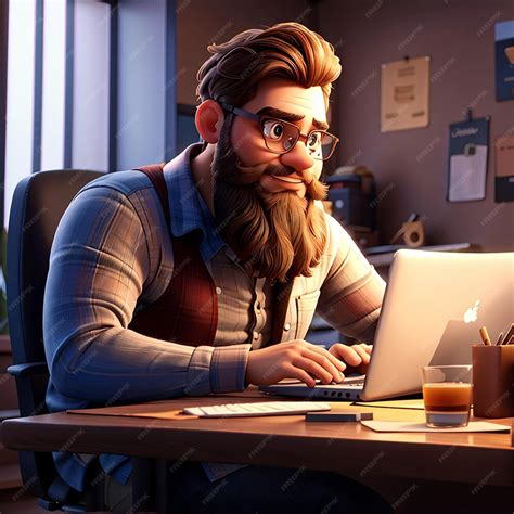 Premium Ai Image Bearded Guy Sitting In Front Of Laptop Man Work On Computer Freelancer 3d