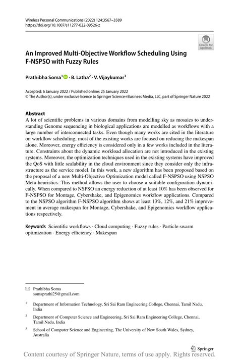An Improved Multi Objective Workflow Scheduling Using F Nspso With Fuzzy Rules