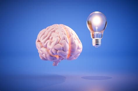 아이디어 생성의 개념 파란색 배경에 불타는 전구 옆에 있는 뇌 3d 렌더링 개념에 대한 스톡 사진 및 기타 이미지 개념 개념과 주제 과학 Istock