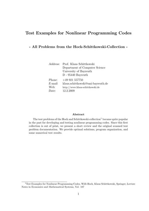 Test Examples For Nonlinear Programming Codes Klaus Schittkowski