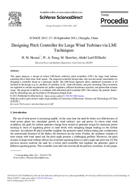 Pdf Designing Pitch Controller For Large Wind Turbines Via Lmi Techniques