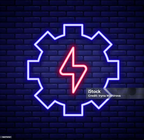벽돌 벽 배경에 고립 된 빛나는 네온 라인 기어와 번개 아이콘 전력 번개 볼트 기호 다채로운 개요 개념 벡터 개념에 대한 스톡 벡터 아트 및 기타 이미지 Istock