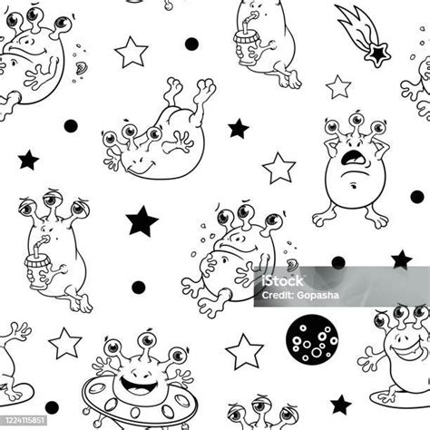 비행 접시에 귀여운 재미 세 눈 흑백 외계인 로켓 행성과 우주선 고립 된 벡터 원활한 패턴과 공간에서 서핑 과학에 대한 스톡