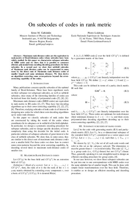 Pdf On Subcodes Of Codes In Rank Metric Ernst Gabidulin