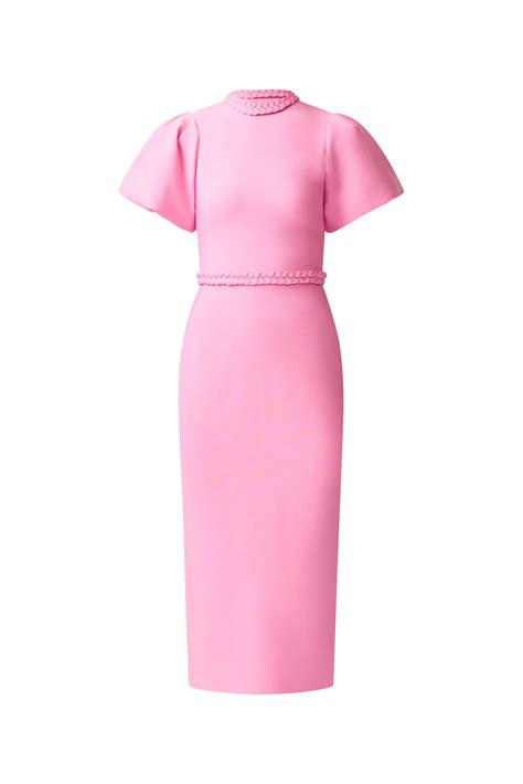 Coralene Puff Sleeve Midi Dress In Pink Sculpted And Sophisticated