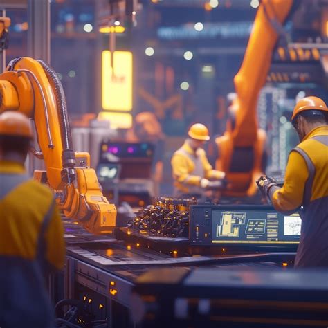 A Robotic Arm Works Alongside Human Workers In A Modern Factory Setting Premium Ai Generated Image