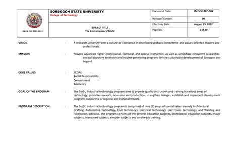 Syllabus Tcw Syllabus Bs En 1so 9001 Sorsogon State University College Of Technology