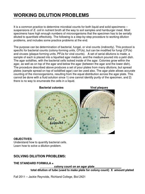 Working Dilution Problems Pdf Colony Forming Unit Biology