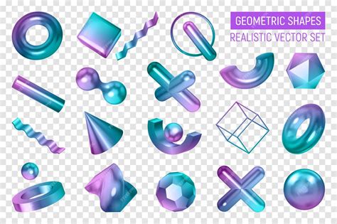 그라디언트 색상 음영으로 그린 격리 된 3d 기하학적 시체와 현실적인 기하학적 모양 색상 투명 세트 무료 벡터