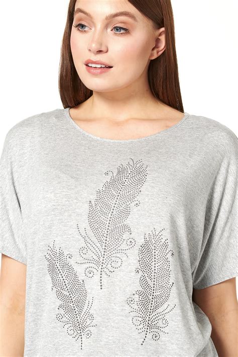 Feather Diamante Embellished T Shirt In Grey Roman Originals Uk