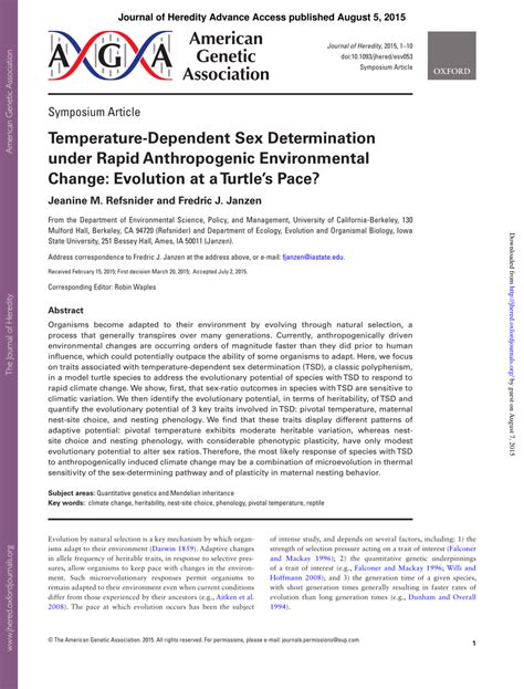 Pdf Temperature Dependent Sex Determination Under Rapid Anthropogenic