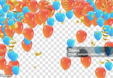오렌지와 블루 풍선 그리고 색종이 파티와 함께 배너와 뱀 색종이 개념 디자인 배경 축 벡터 일러스트입니다 공휴일에 대한 스톡 벡터 아트 및 기타 이미지 Istock