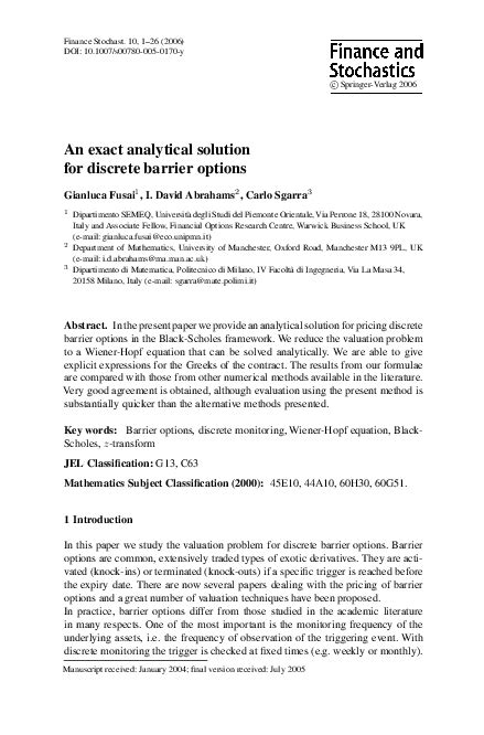 Pdf An Exact Analytical Solution For Discrete Barrier Options
