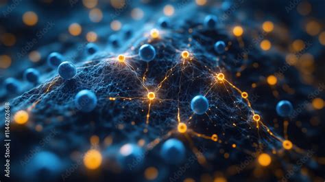 Visual Representation Of Interconnected Networks With Glowing Nodes And Blue Particles In A Deep