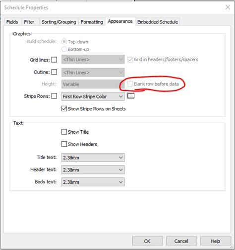 Schedules Blank Row Before Data Checkbox Is Disabled Autodesk Community