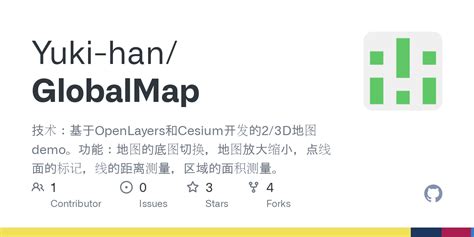 GitHub Yuki han GlobalMap 技术基于OpenLayers和Cesium开发的 D地图demo功能地图的底图切换地图放大缩小点线面的标记线的距离测量