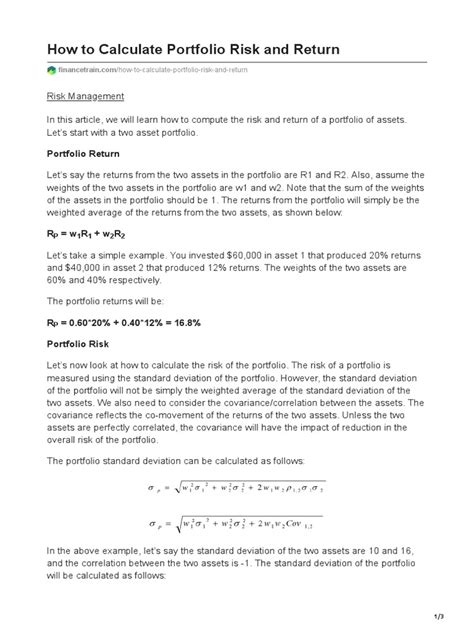 How To Calculate Portfolio Risk And Return Pdf Covariance Matrix
