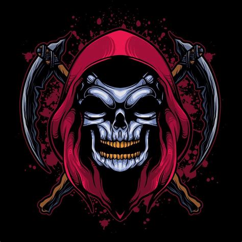 Grim Reaper Head Vector Illustration With Combination Of Crossed Scythe