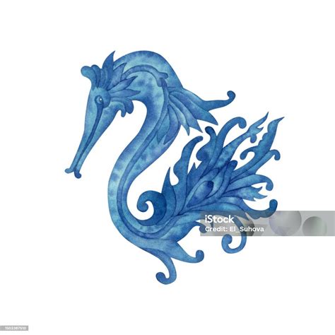 파란색 마법의 해마의 흑백 수채화 그림입니다 초대장 패턴 직물 월페이퍼 스티커 엽서 흰색 배경에 분리된 요소 귀여운에 대한 스톡