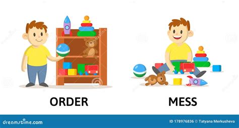 Words Order And Mess Flashcard With Cartoon Characters Opposite Adjectives Explanation Card