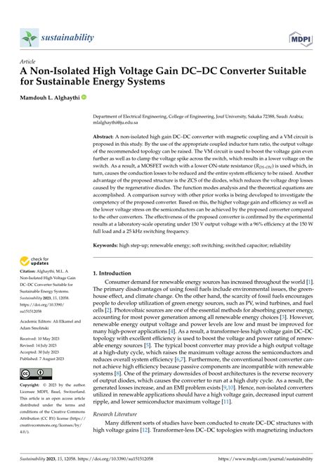 Pdf A Non Isolated High Voltage Gain Dc Dc Converter Suitable For Sustainable Energy Systems