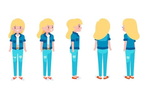 애니메이션에 대 한 여자 여자 전면 후면 보기 평면 벡터 문자 별도의 신체 부위 프리미엄 벡터