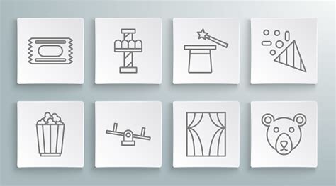 세트 라인 상자 팝콘 어트랙션 회전 목마 시소 서커스 커튼 레이즈 곰 머리 마술 모자와 지팡이 축제 색종이 조각 및 티켓 아이콘 벡터 곰에 대한 스톡 벡터 아트 및 기타