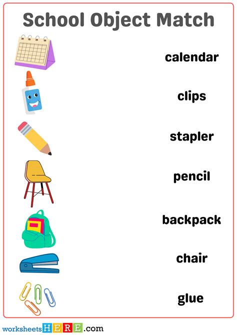 School And Classroom Object Matching Activity Worksheets For