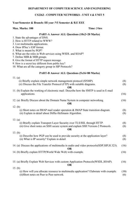 Iii Eee Cs2363 Computer Networks Important Questions For Unit 4 Unit 5 For May June 2014 Pdf