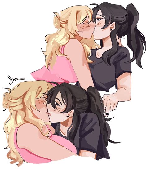 Rule 34 2girls Amber Eyes Black Hair Black Shirt Blonde Hair Blush
