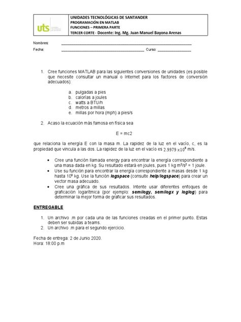 Funciones Matlab Primer Taller Pdf Métodos Y Materiales De
