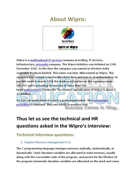Wipro Technical And Hr Interview Questions Pdf Pdf Operating System