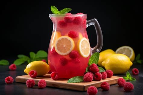 A Pitcher Of Homemade Red Raspberry Lemonade With Lime Premium Ai