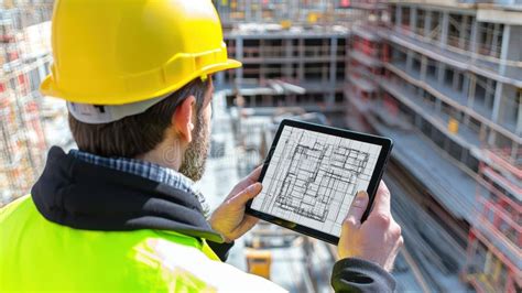 Architect Reviewing Blueprints On Tablet At Construction Site Stock Illustration Illustration